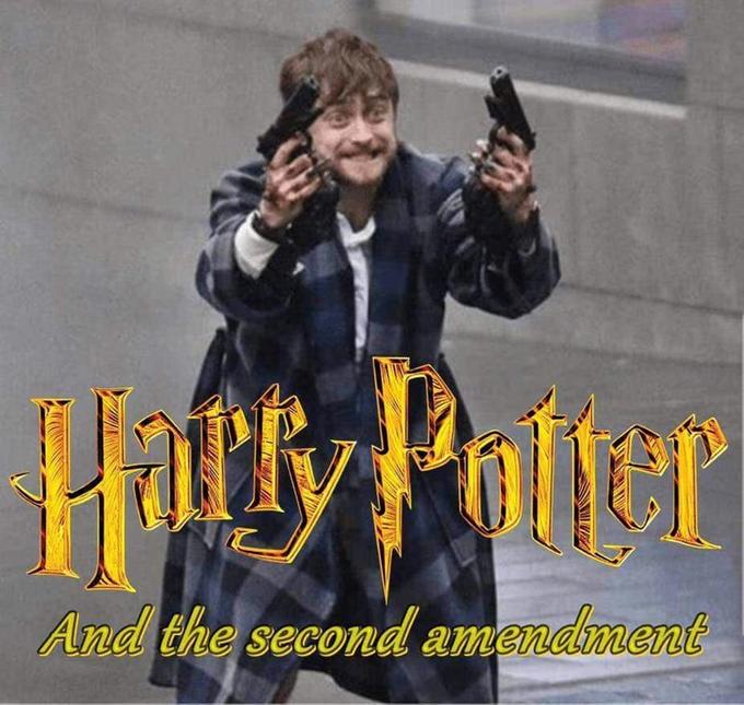 second amendment | Daniel Radcliffe Holding Two Guns | Know Your Meme