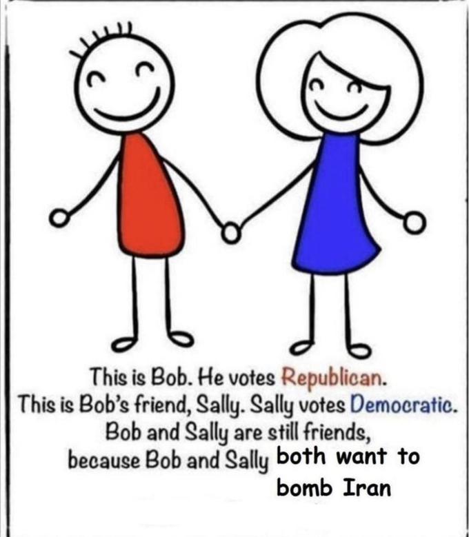 Bob and Sally both want to bomb Iran. | Know Your Meme