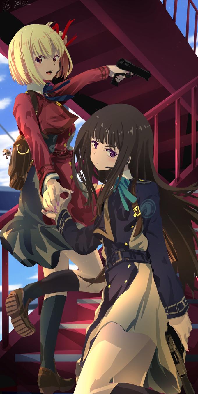 Chisato holding hands with Takina | Know Your Meme