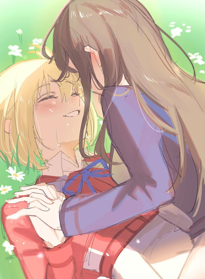 Chisato smiling and lying on the grass holding hands with Takina, who ...