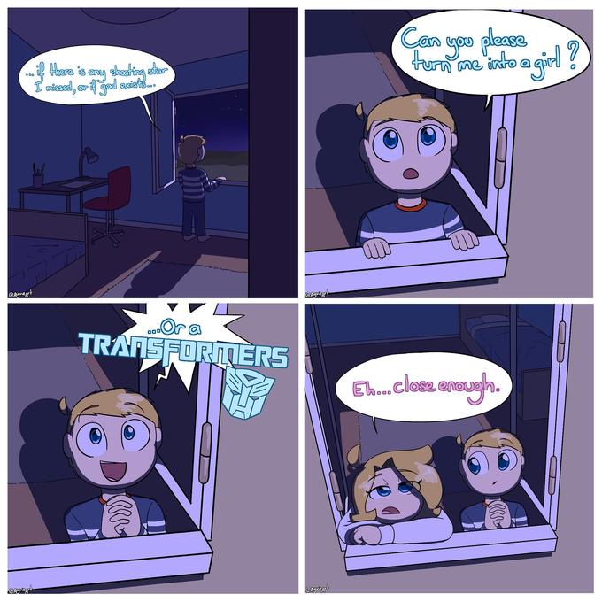 Kid: Can I please be a girl? Or a transformers? Future self joins him ...