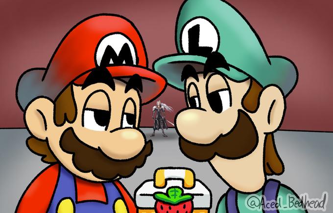 Mario & Luigi ready to beat Sephiroth into a bloody pulp, no joke. | Know Your Meme