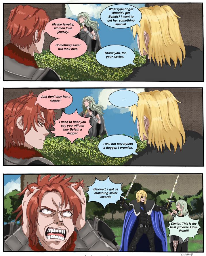 Dimitri getting Byleth a gift featuring a very frustrated Sylvain. 💚💙 ...