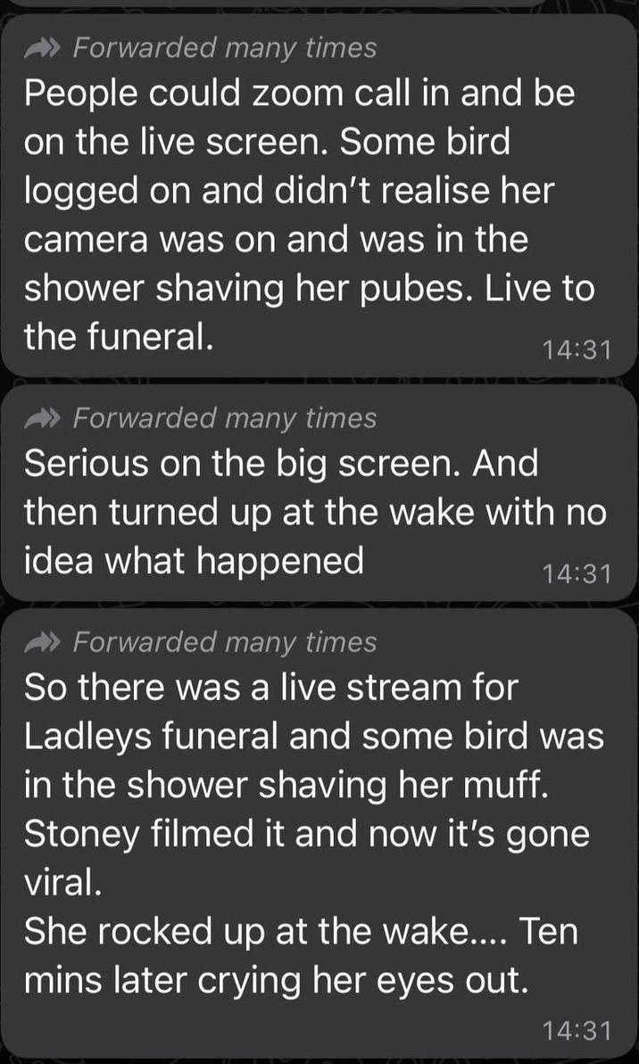 Texts from an Attendee | Hayley Sinclair Funeral Pubes Fiasco | Know ...