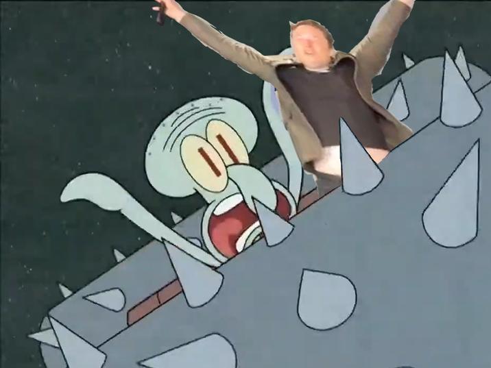 Squidward and Elon Musk being threaded by machine | Know Your Meme