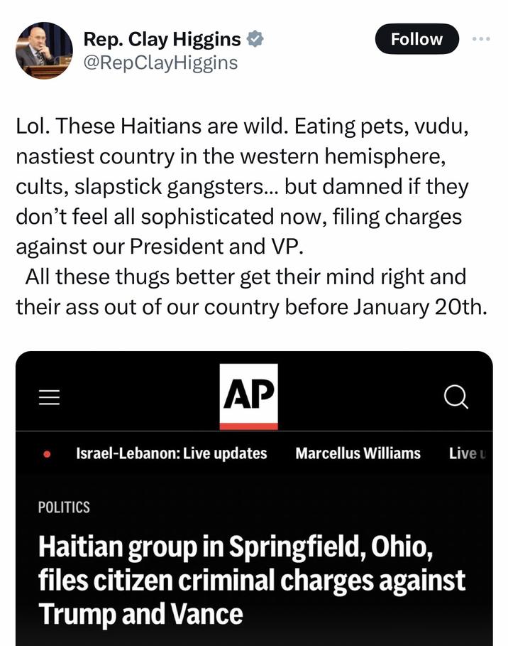 Clay Higgins Tweet | Haitian Immigrants Eating Pets and Geese Hoax ...
