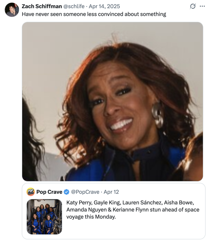 April 14th, 2025 tweet by @schlife | All Woman Blue Origin Space ...