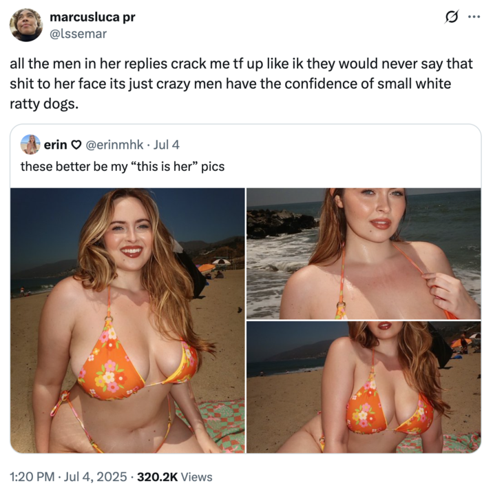 all the men in her replies crack me tf up like ik they would never say that s--- to her face its just crazy men have the conf A "quote-tweet":https://knowyourmeme.com/memes/quote-retweets-qrts of "Twitter / X":https://knowyourmeme.com/memes/sites/twitter-x user Erinmhk, which showed her in a bikini with the caption, "These better be my 'this is her' pics."