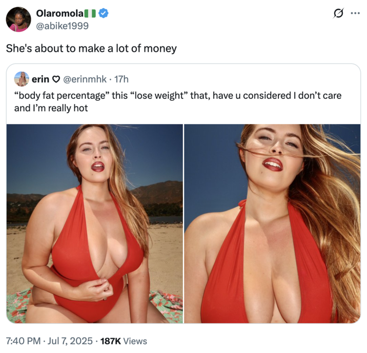 She's about to make a lot of money A "quote-tweet":https://knowyourmeme.com/memes/quote-retweets-qrts about "Twitter / X":https://knowyourmeme.com/memes/sites/twitter-x user Erinmhk, which showed her in a red swimsuit.