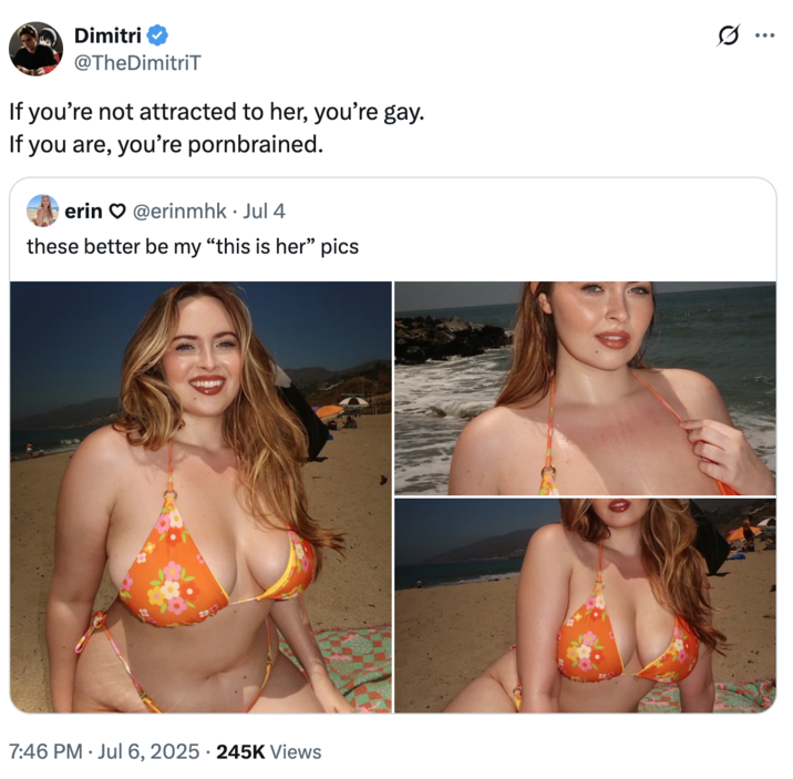 If you’re not attracted to her, you’re gay. If you are, you’re pornbrained. A "quote-tweet":https://knowyourmeme.com/memes/quote-retweets-qrts of "Twitter / X":https://knowyourmeme.com/memes/sites/twitter-x user Erinmhk, which showed her in a bikini with the caption, "These better be my 'this is her' pics."