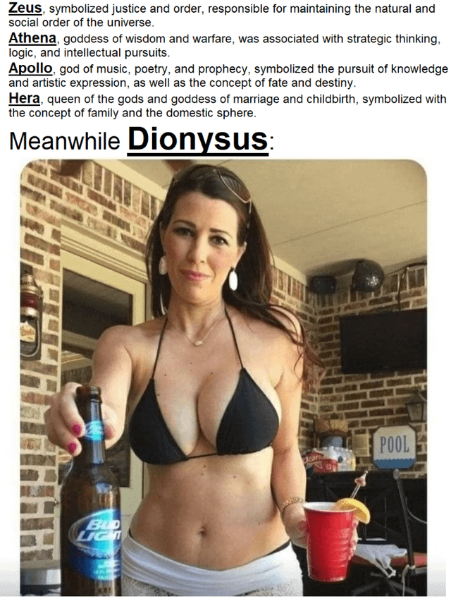 A "recaptioned":https://knowyourmeme.com/memes/recaption version of the POV: Your Cool Aunt Sneaks You Your First Drink meme, regarding the Greek god Dionysus.