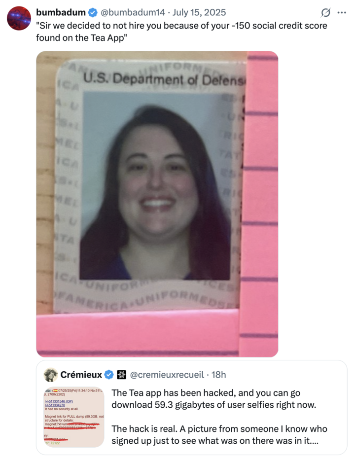 July 25th, 2025 tweet by @bumbadum14 | The Tea App Data Leak | Know ...
