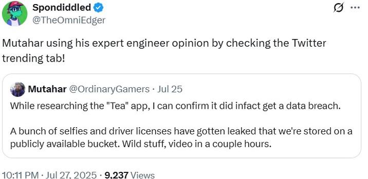 Mutahar using his expert engineer opinion by checking the Twitter ...