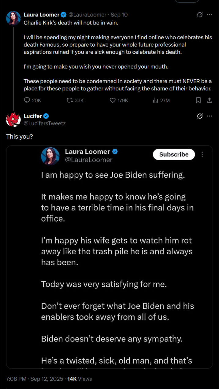 Laura Loomer tweets about Charlie Kirk and then president Joe Biden ...