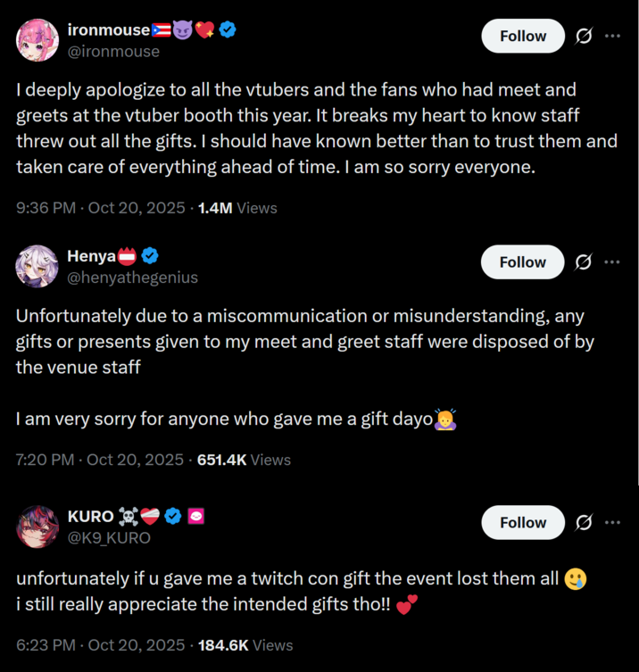 Twitchcon staff threw out gifts intended for vTubers. | Know Your Meme