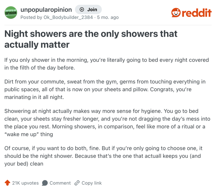 Morning shower or night shower? | Know Your Meme