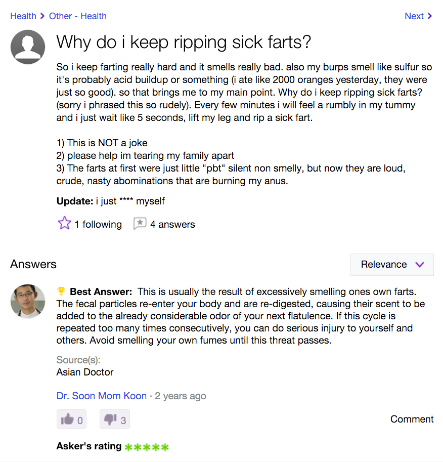 Why Do I Keep Ripping Sick Farts Yahoo Answers Know Your Meme Why Do I Keep Ripping Sick Farts Yahoo Answers Know Your Meme