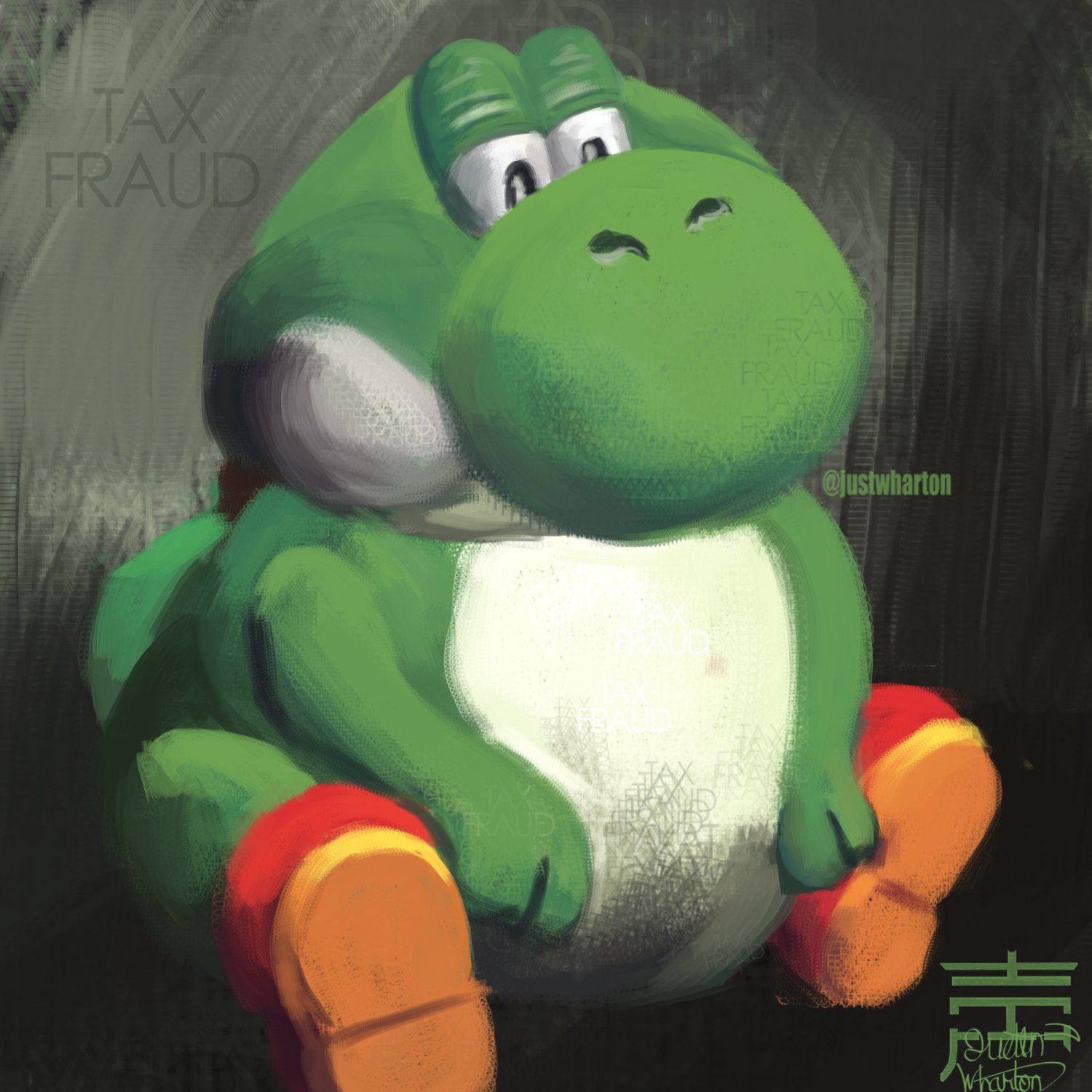 Fat Yoshi But Painted Only With A Text Brush That Says Tax Fraud Yoshi Committed Tax Fraud 