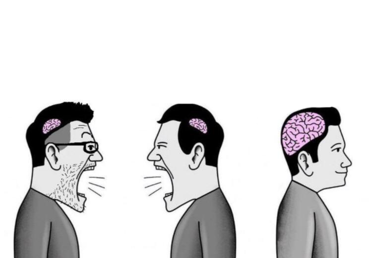 Two Small Brain Men Screaming At Each Other While Big Brain Man Walks