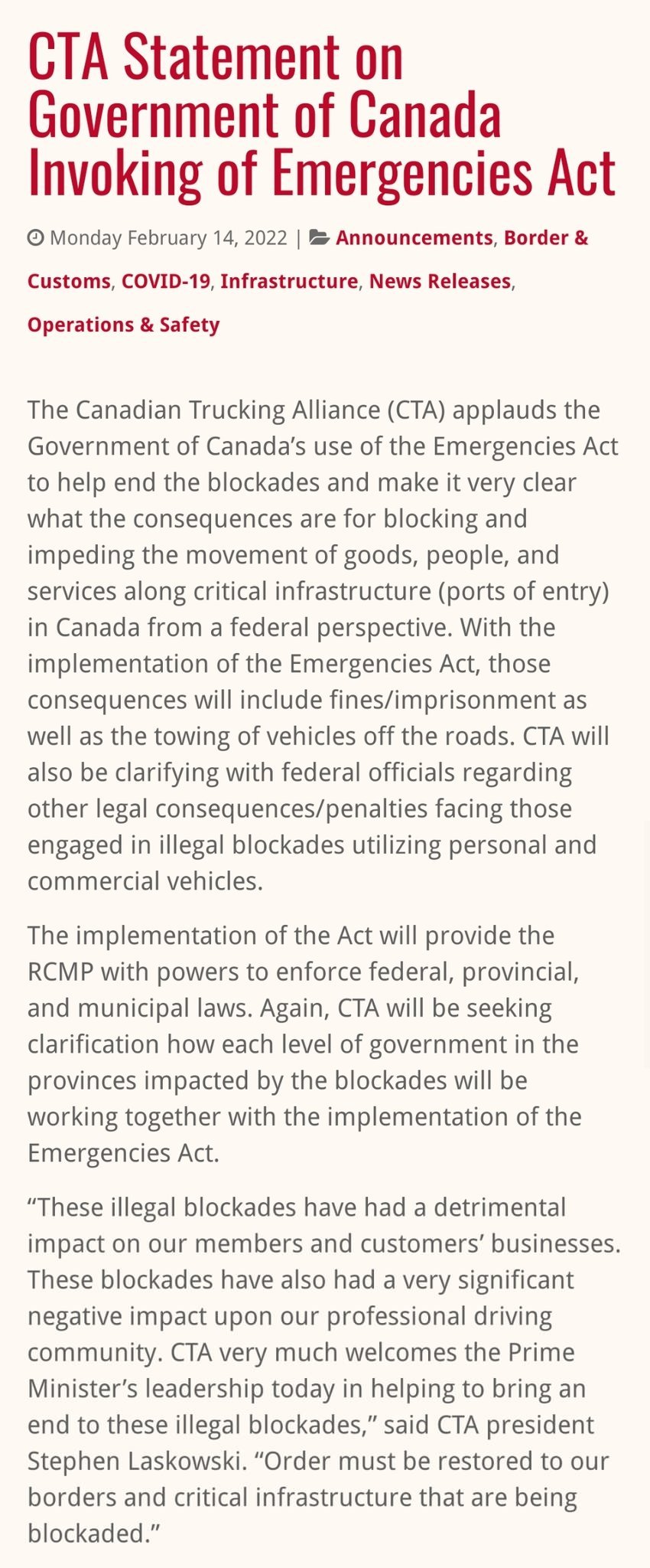CTA Statement | Canadian Freedom Convoy / Convoi de la Liberté | Know ...