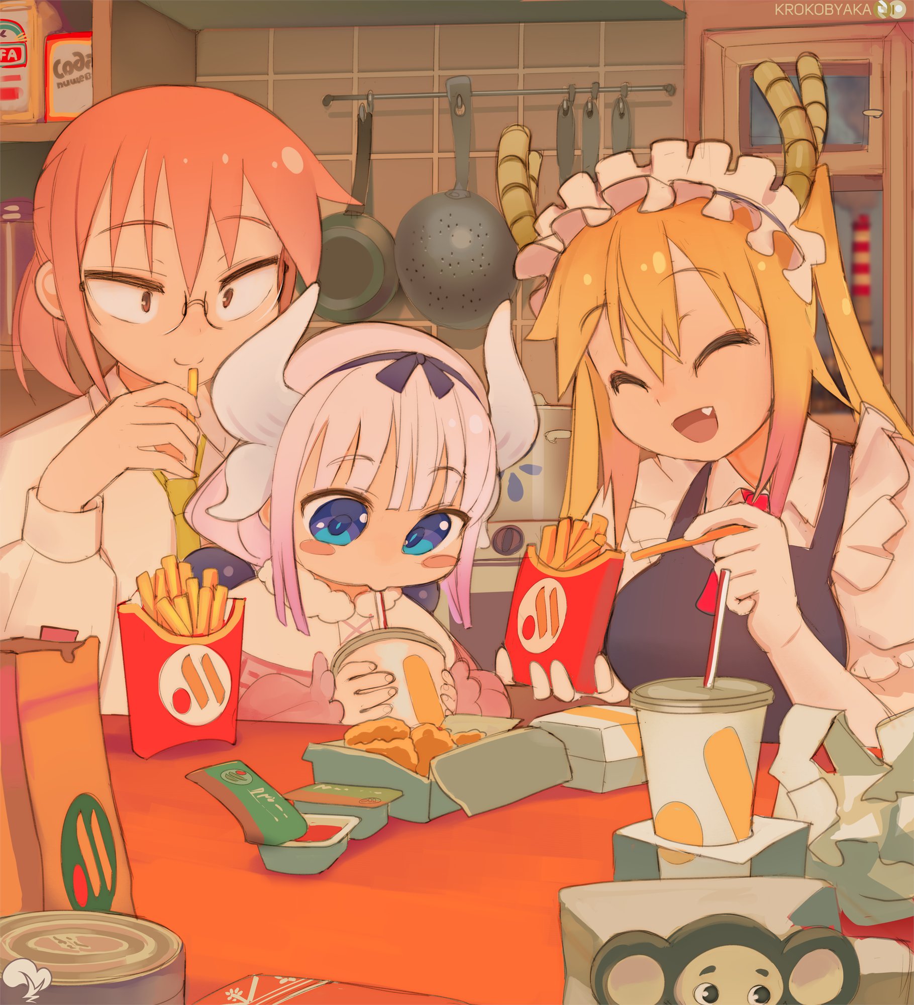 Let's do something wholesome. Kobayashi, Kanna and Toru enjoys their ...
