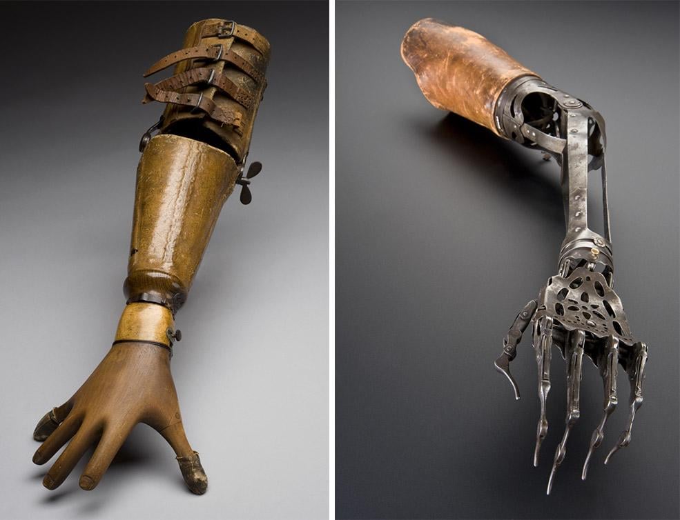 Victorian era prostetic arms: Left is a special arm designed for a ...