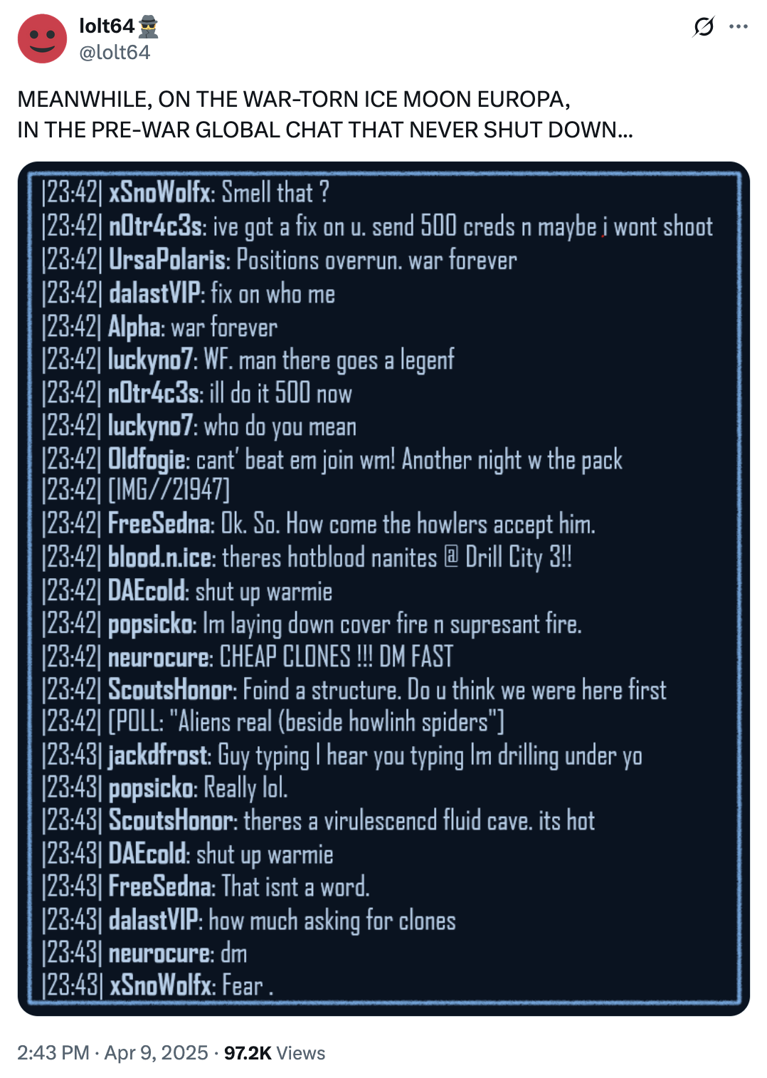 April 9th, 2025 tweet by @lolt64 | Ice War on Europa #WarForever | Know ...