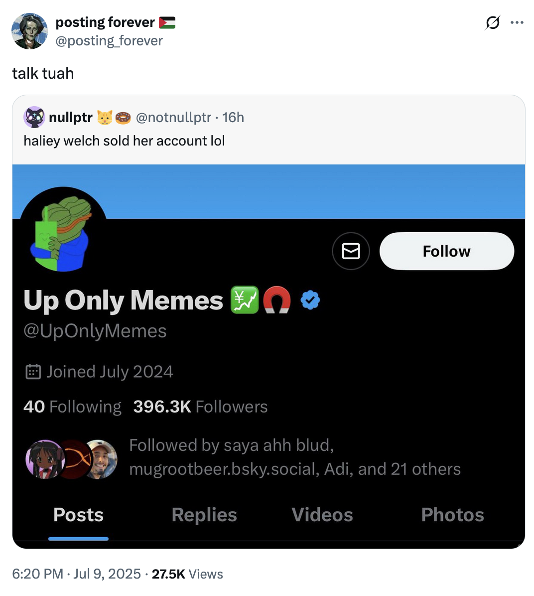 July 9th, 2025 tweet by @posting_forever | Hawk Tuah Twitter Account ...