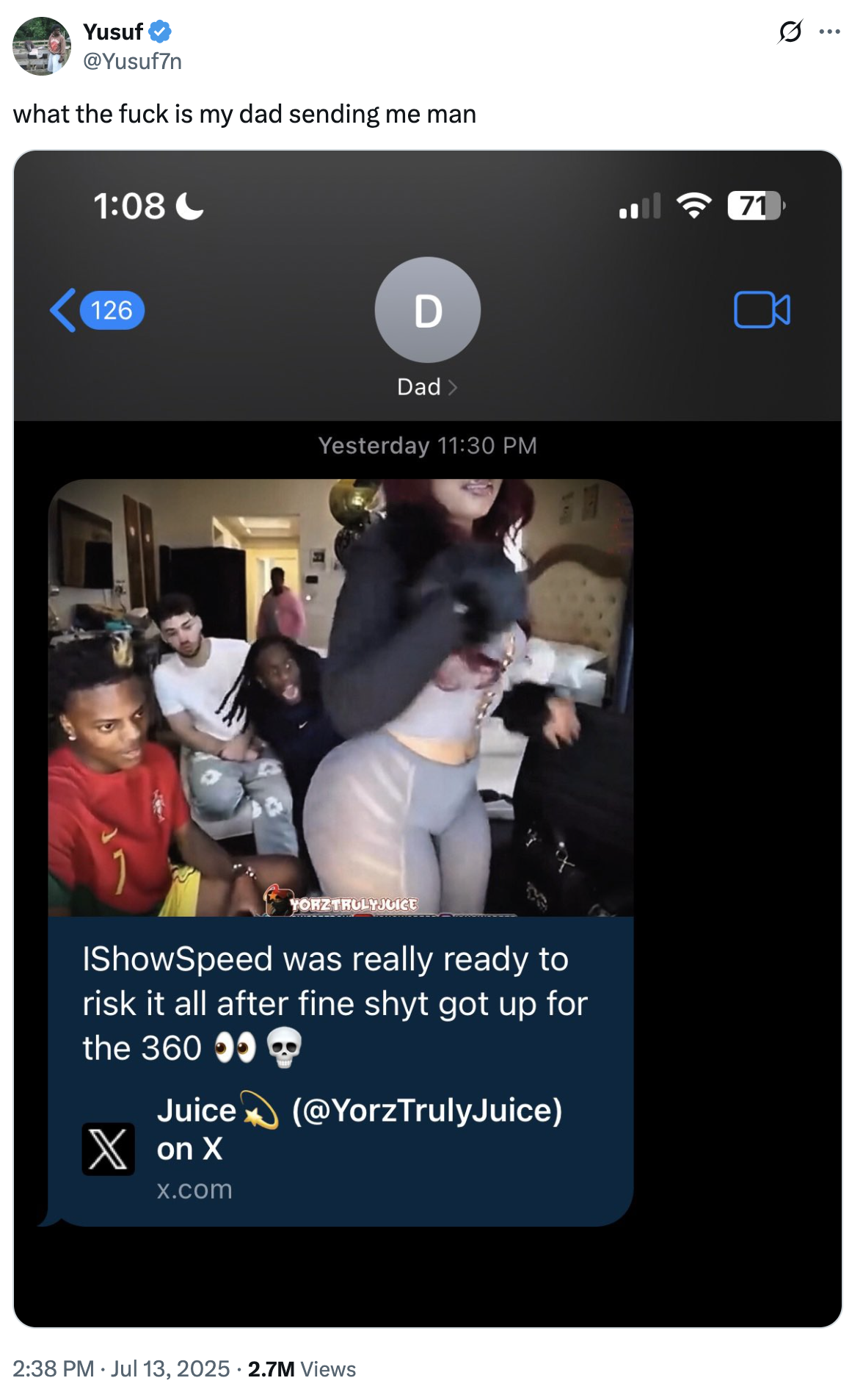 What is my dad sending me "IShowSpeed was really ready to risk it all after fine shyt got up for ...