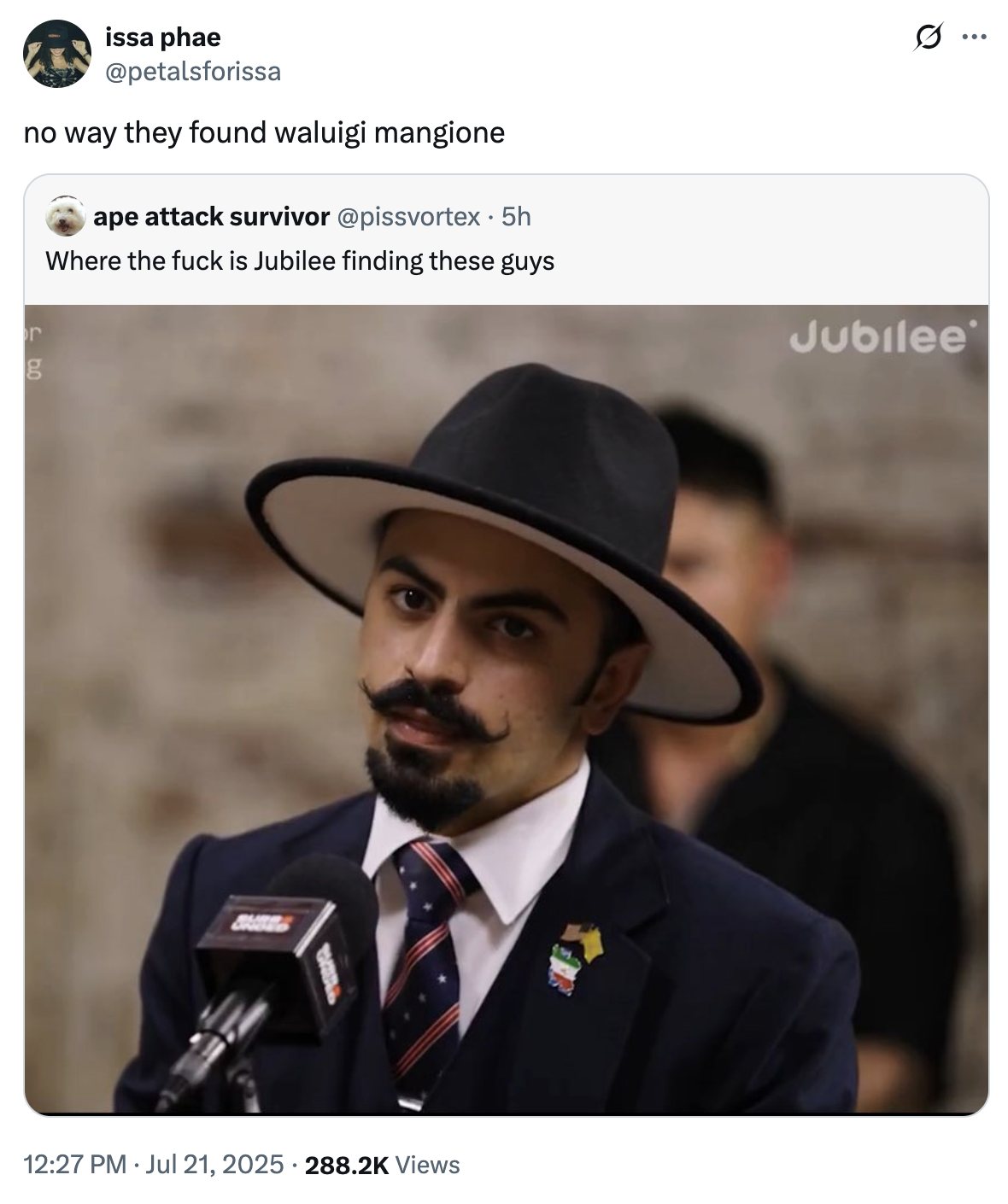 July 21st, 2025 tweet by @petalsforissa | Mustache Hat Jubilee Guy ...