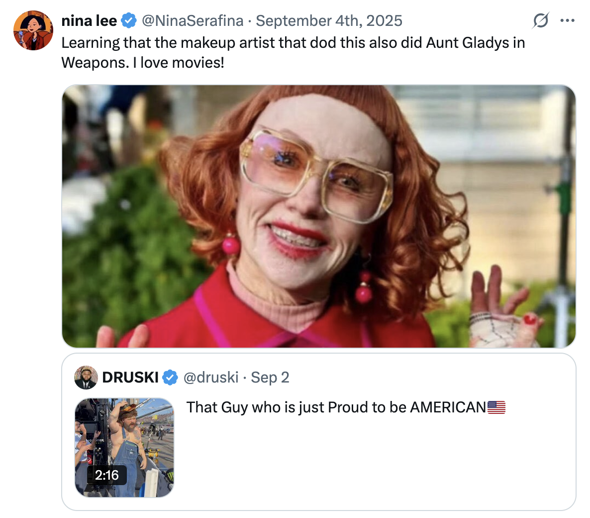 September 9th, 2025 tweet by @NinaSerafina | Druski in White Face ...