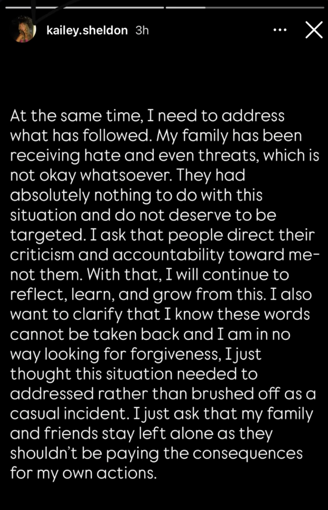 Kailey Sheldon Apology on Instagram Story @kailey.sheldon | Know Your Meme