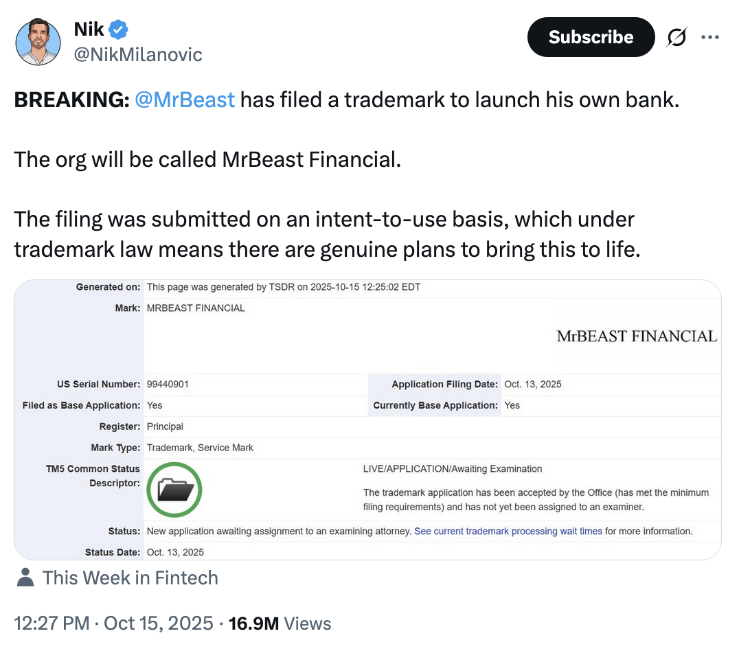 October 15th, 2025 tweet by @NikMilanovic | MrBeast Financial Bank ...