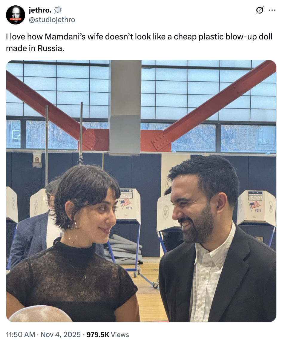 I love how Mamdani’s wife doesn’t look like a cheap plastic blow-up ...