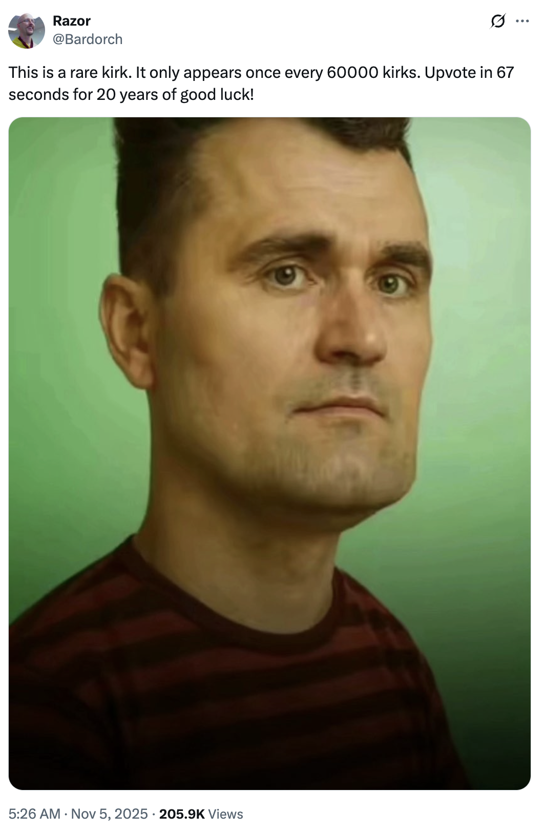 This is a rare kirk. It only appears once every 60000 kirks. Upvote in 67 seconds for 20 years ...