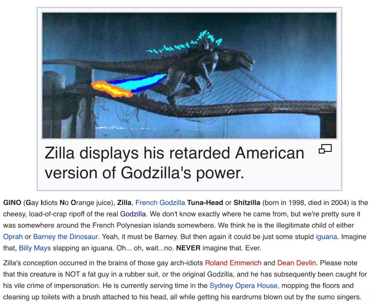 Zilla article from uncyclopedia | Know Your Meme