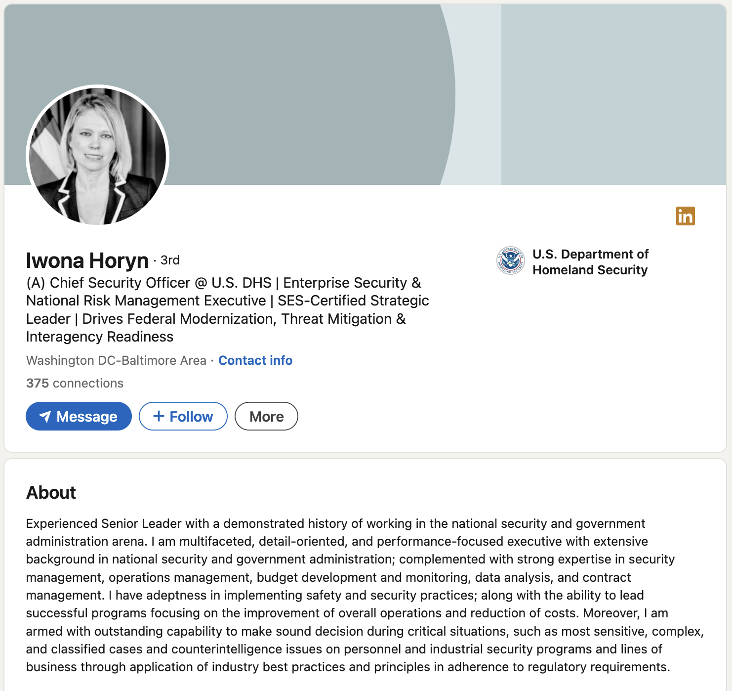 Archived LinkedIn page for Iwona B. Horyn | Iwona B. Horyn DHS Chief Security Officer | Know ...