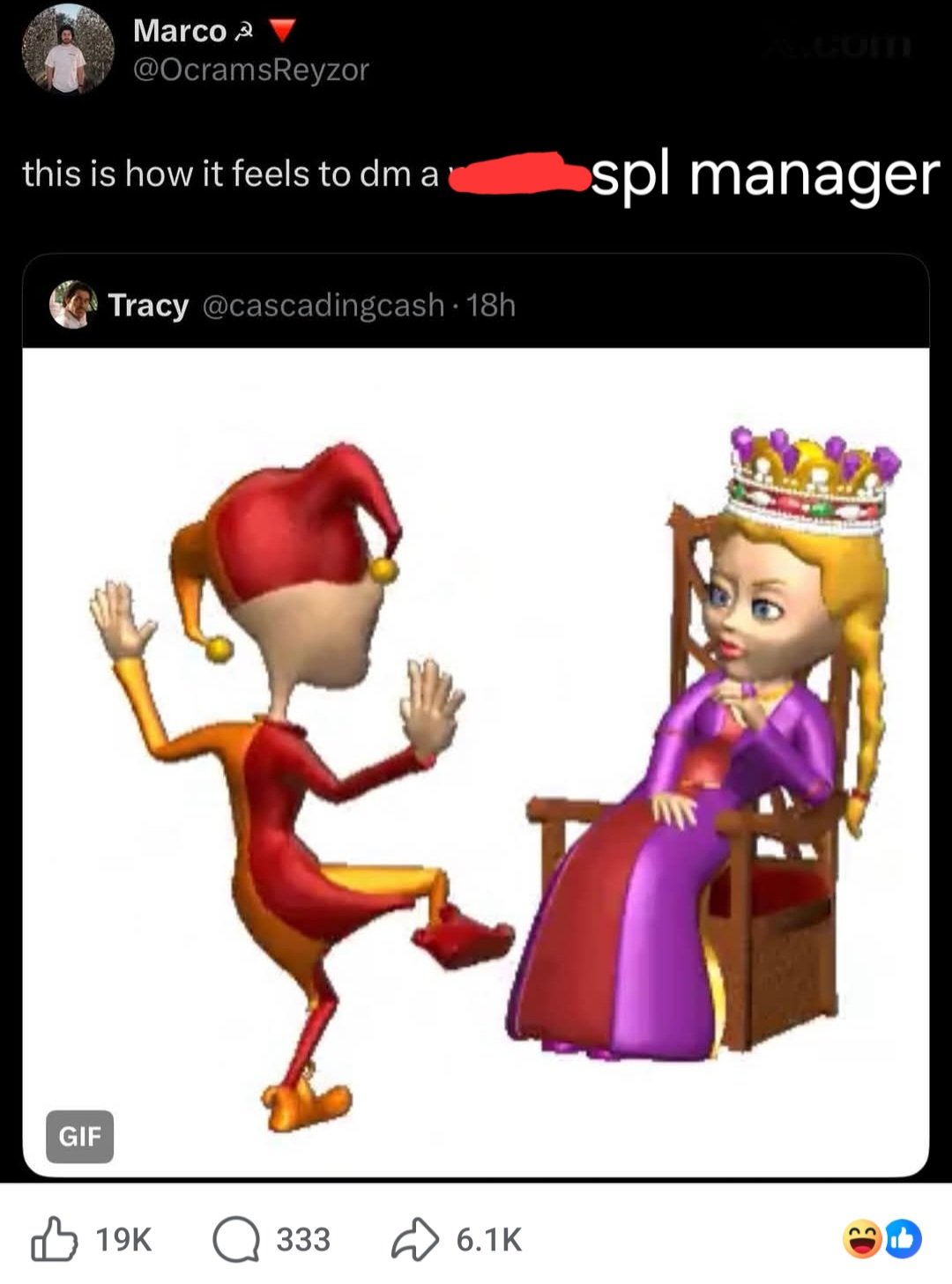 spl manager | Jester Dancing for Queen GIF | Know Your Meme