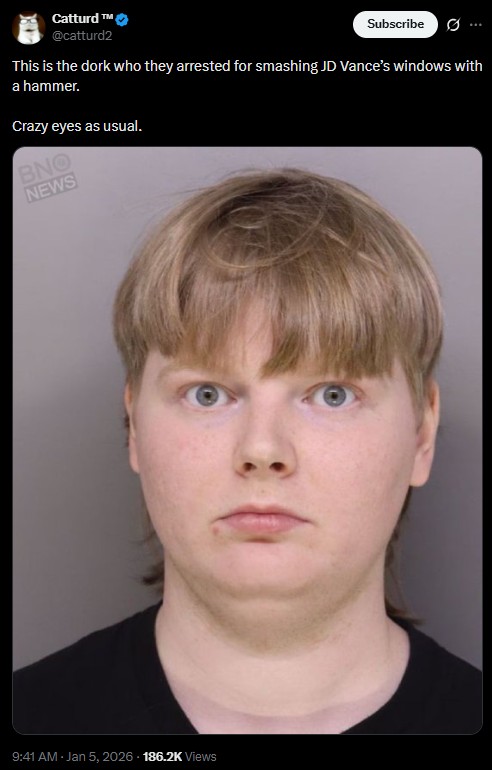 crazy eyes as usual | J.D. Vance's Home Vandalized / William DeFoor ...