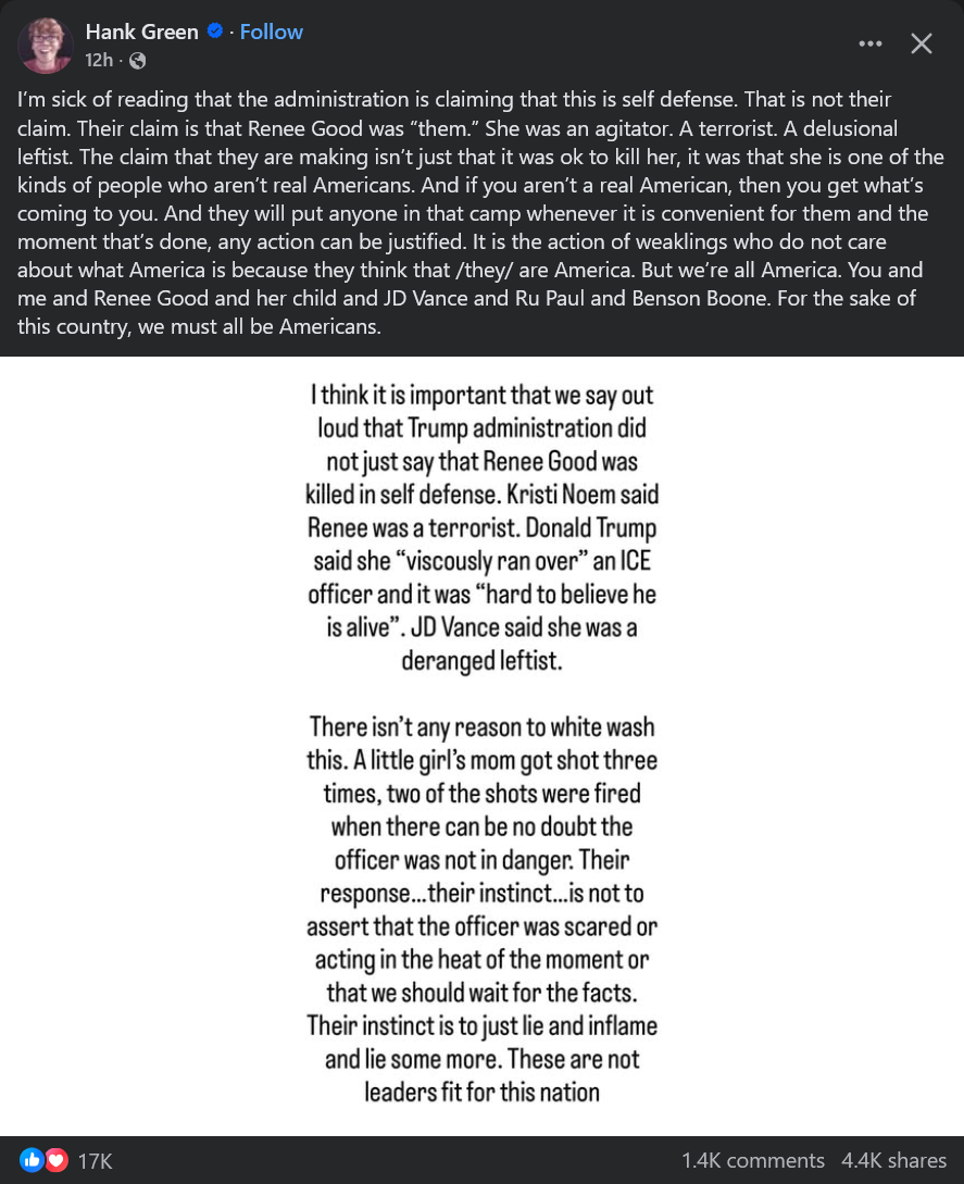 Hank Green January 8th post | 2026 Minneapolis, Minnesota, ICE Shooting ...