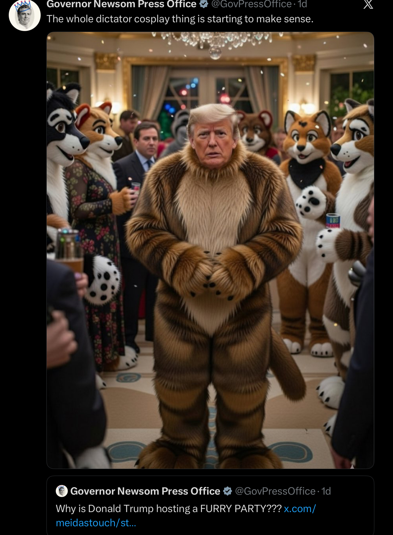 Gavin Newsom post mocking Dog mask party at Mar-a-lago | Know Your Meme