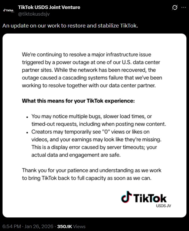 TikTok USDS Joint Venture Statement On TikTok Outage | TikTok Political ...