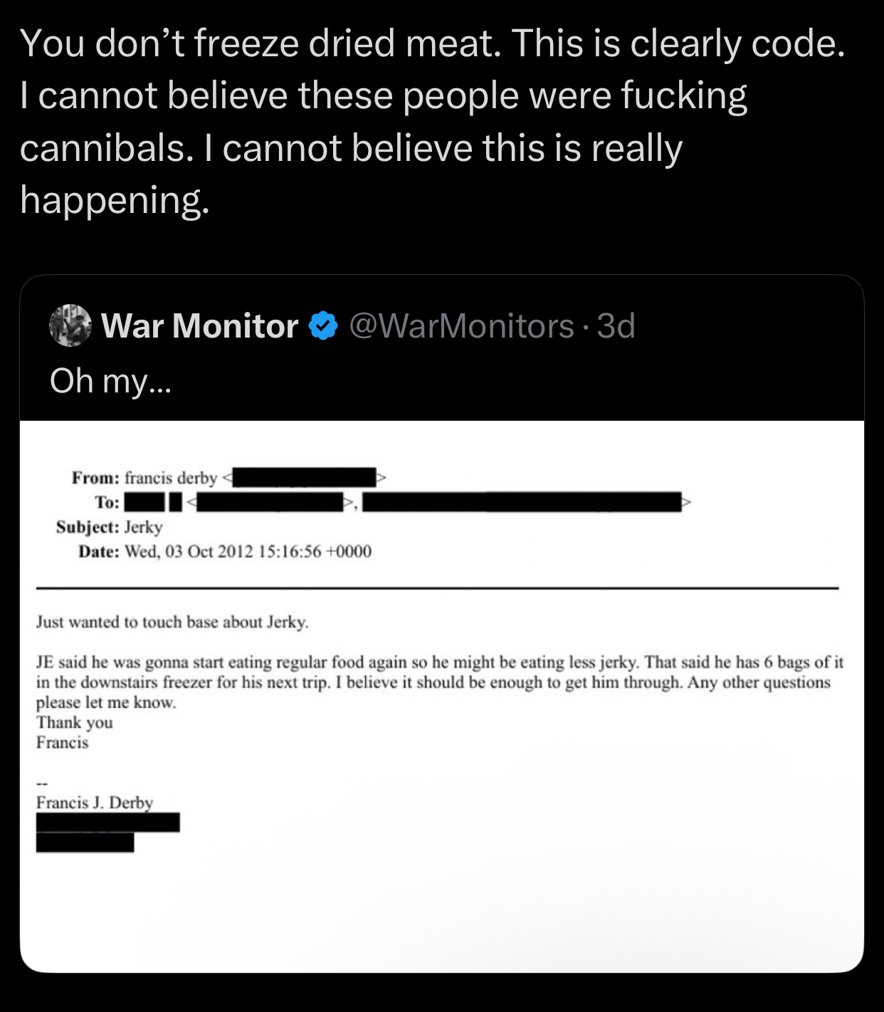 Epstein and his frozen “jerky” | Know Your Meme